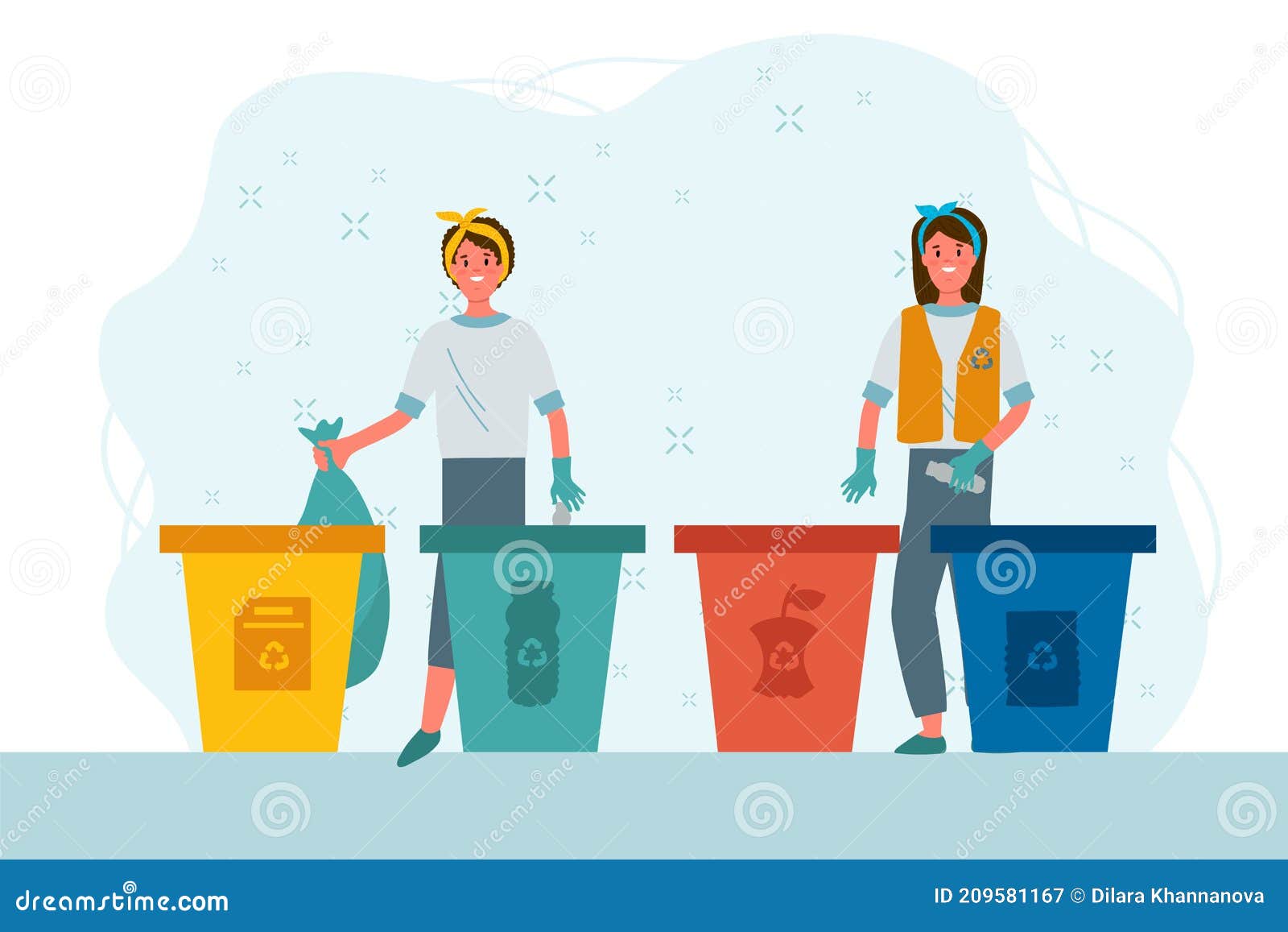 Funny People Putting Garbage in Trash Cans. Sorting Garbage into ...