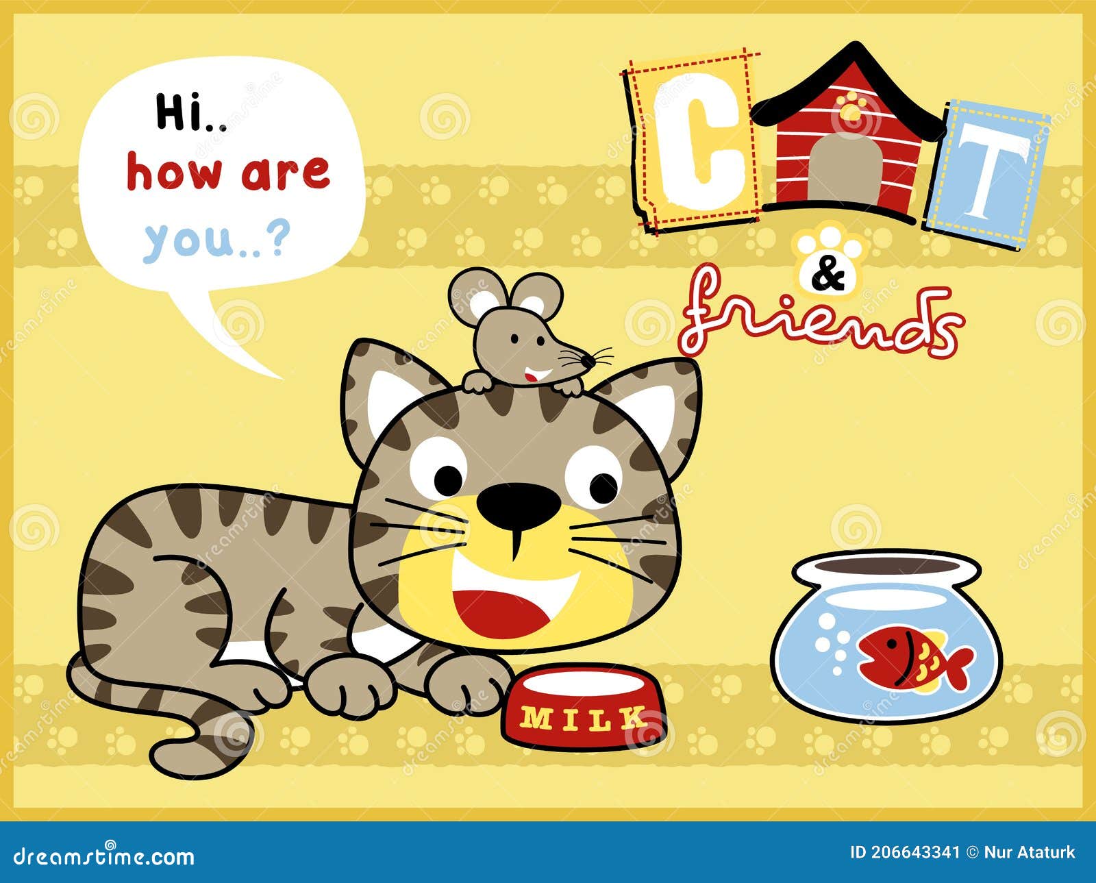 Vector Cartoon of Cat with Mouse and Fish Stock Vector - Illustration ...