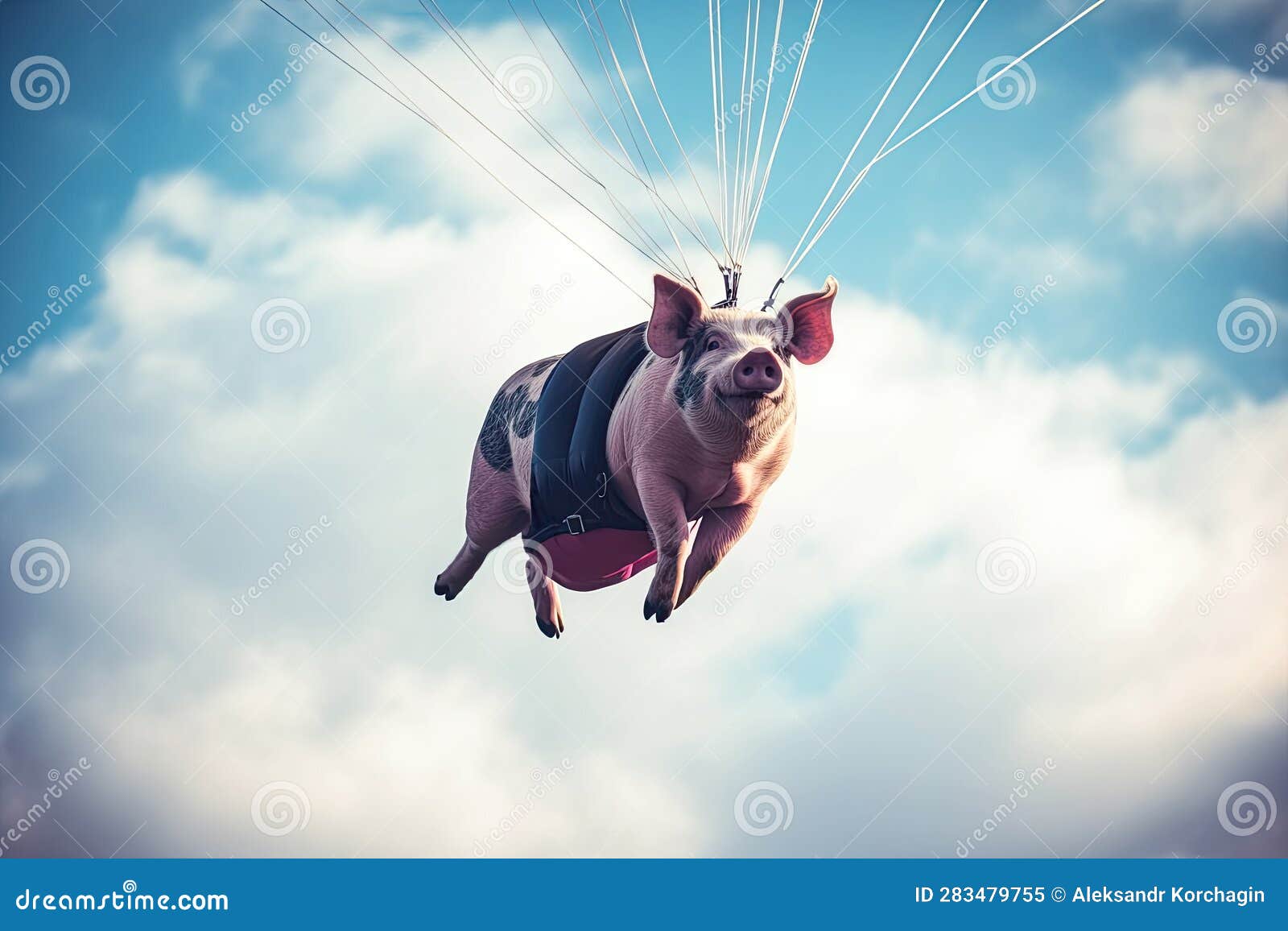 Funny Pig is Flying on Parachute in Sky. Generative AI Stock ...