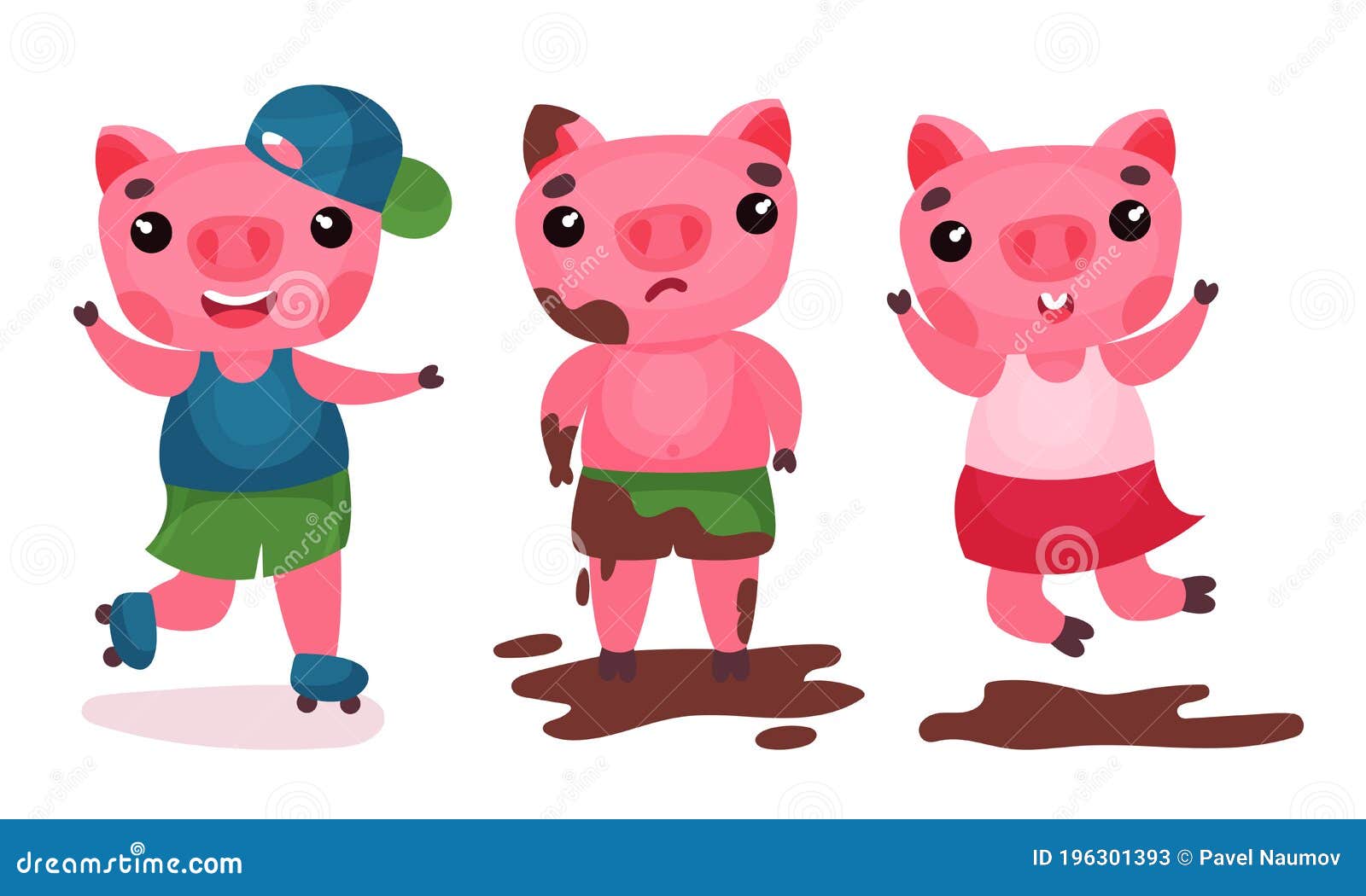 Funny Pig Roller Skating and Jumping in Puddle Vector Set Stock Vector ...