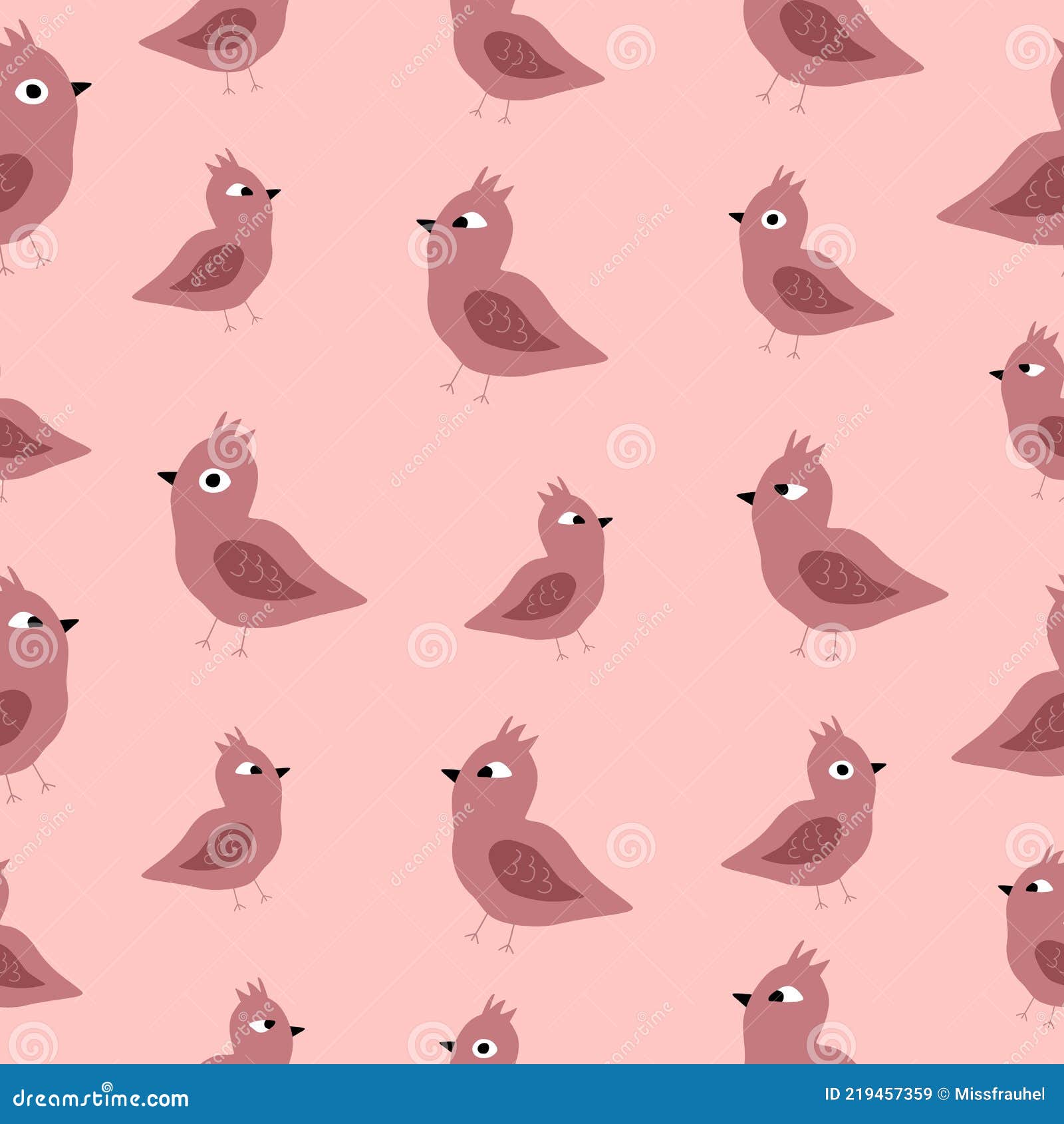Funny Pink Birds. Cute Sparrows Seamless Pattern. Stock Vector ...