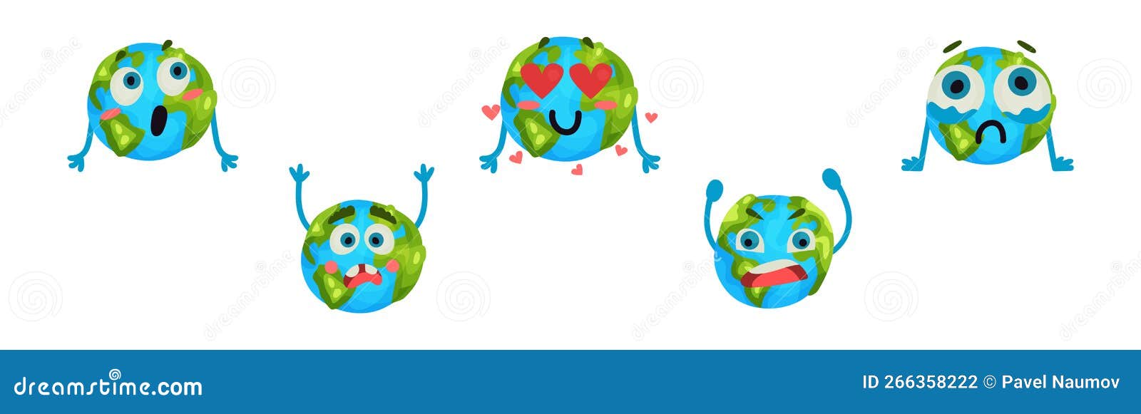 Funny Planet Earth with Face Expression and Arms Vector Set Stock ...