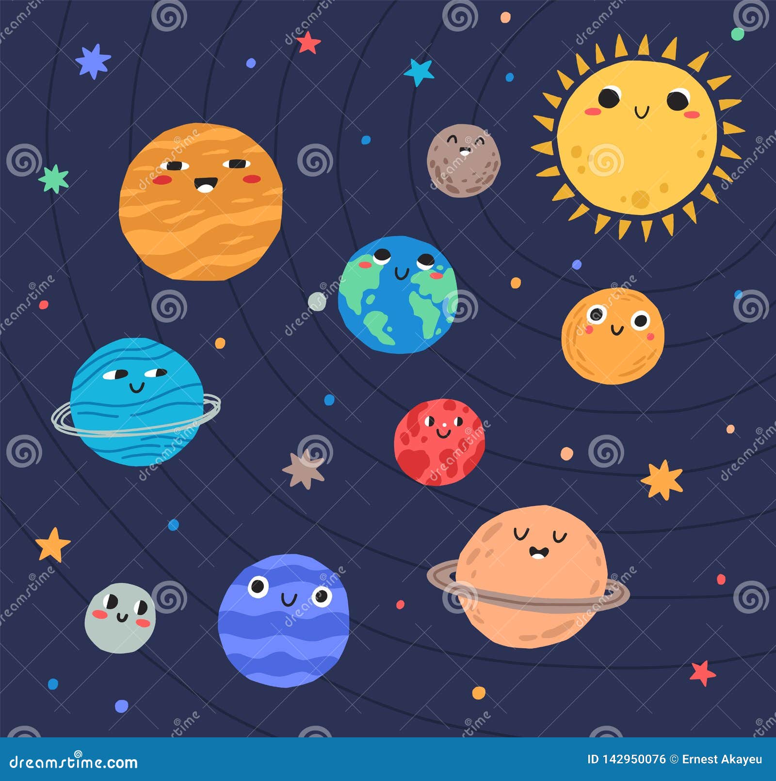 Funny Planets of Solar System and Sun with Smiling Faces. Adorable ...