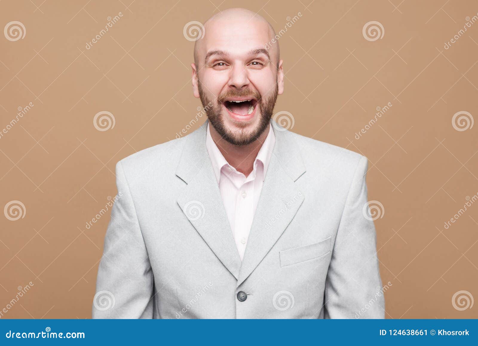 So Funny Portrait Of Joyful Happy Handsome Middle Aged Bald Bearded