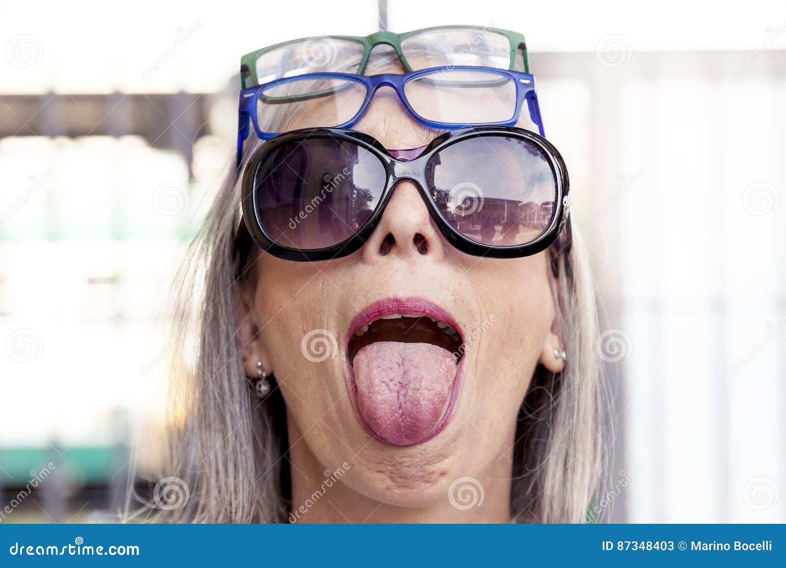 Funny Portrait of Lady with Lots of Glasses Stock Image - Image of girl ...