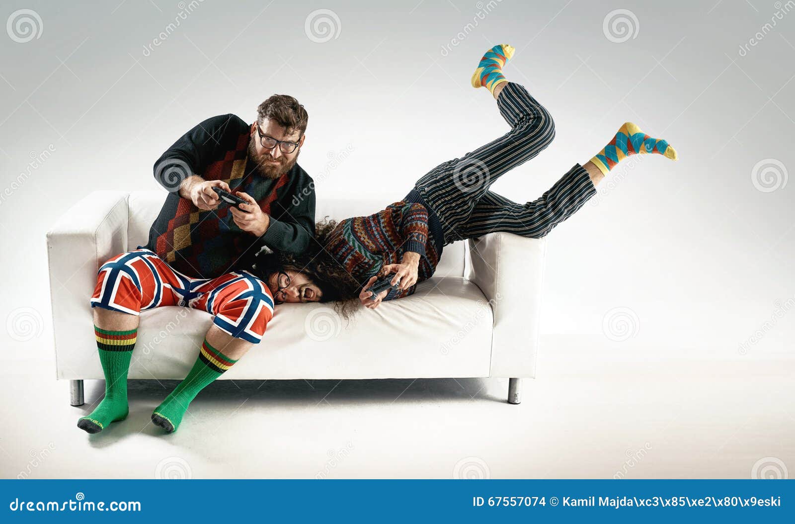 Funny Portrait of Two Friends Playing Console Stock Photo - Image of ...
