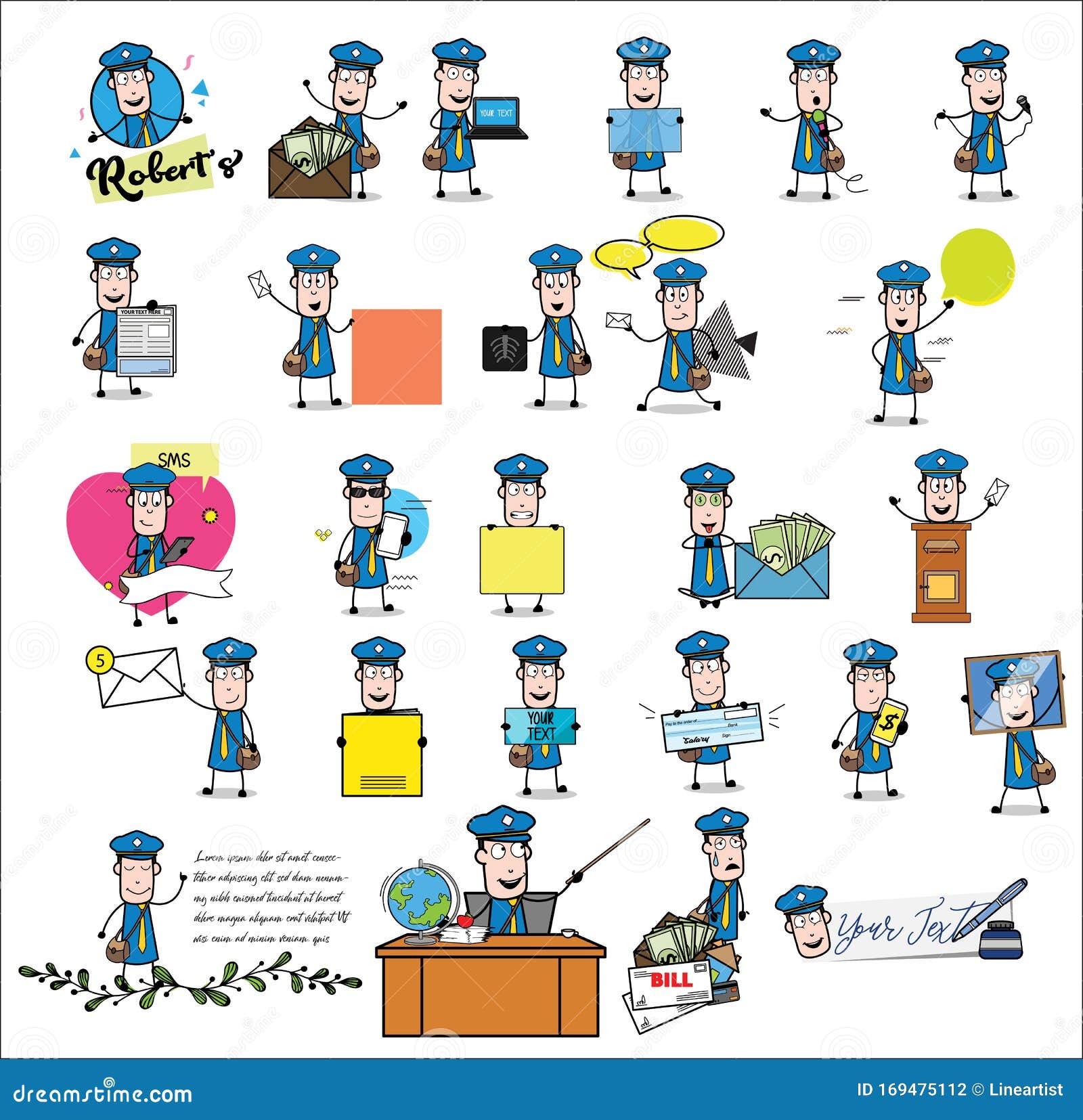 Funny Postman Character - Set of Concepts Vector Illustrations Stock ...