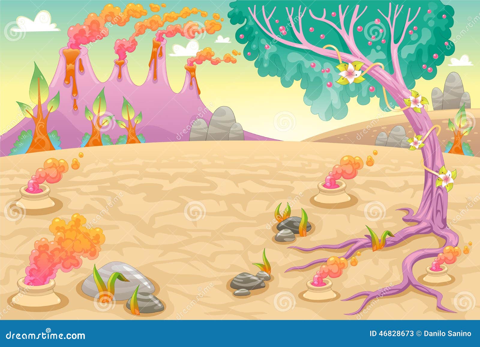 Prehistoric Landscape - Cave, Dinosaurs, Fern, Mountains Vector ...