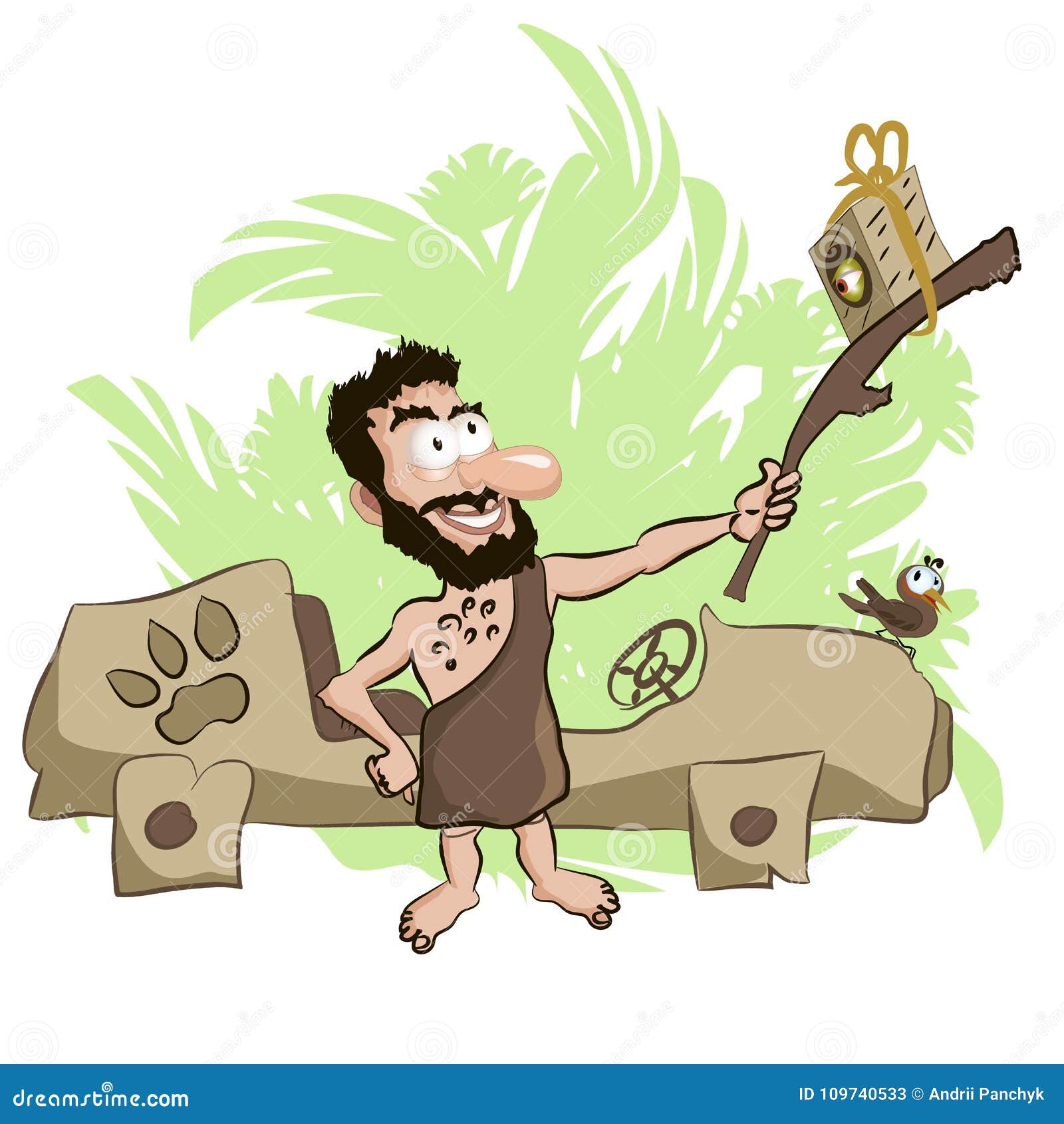 A Primitive Man Does Selfie on the Background of a Car. Illustration ...