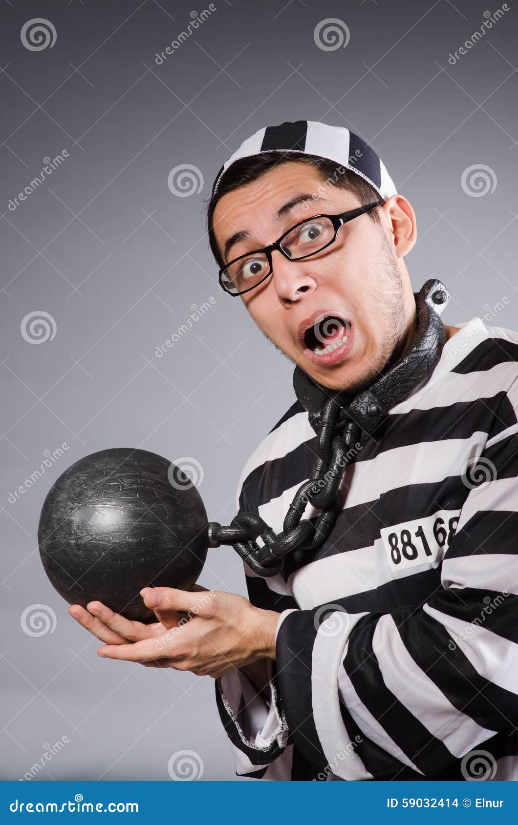 Funny Prisoner in Chains Isolated on Gray Stock Photo - Image of male ...