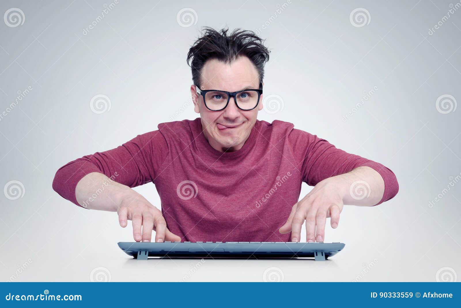 Funny Programmer Man with Keyboard in Front of Computer Stock Image ...