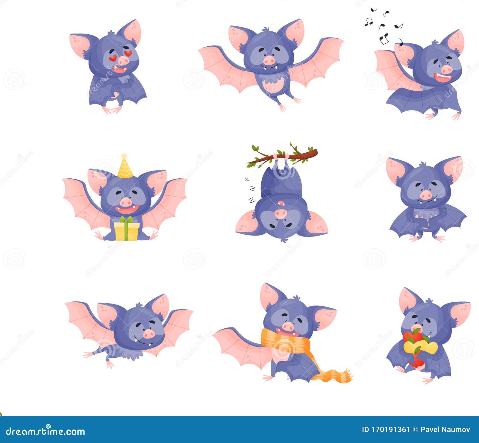Funny Purple Bat Character in Different Poses Vector Set Stock Vector ...