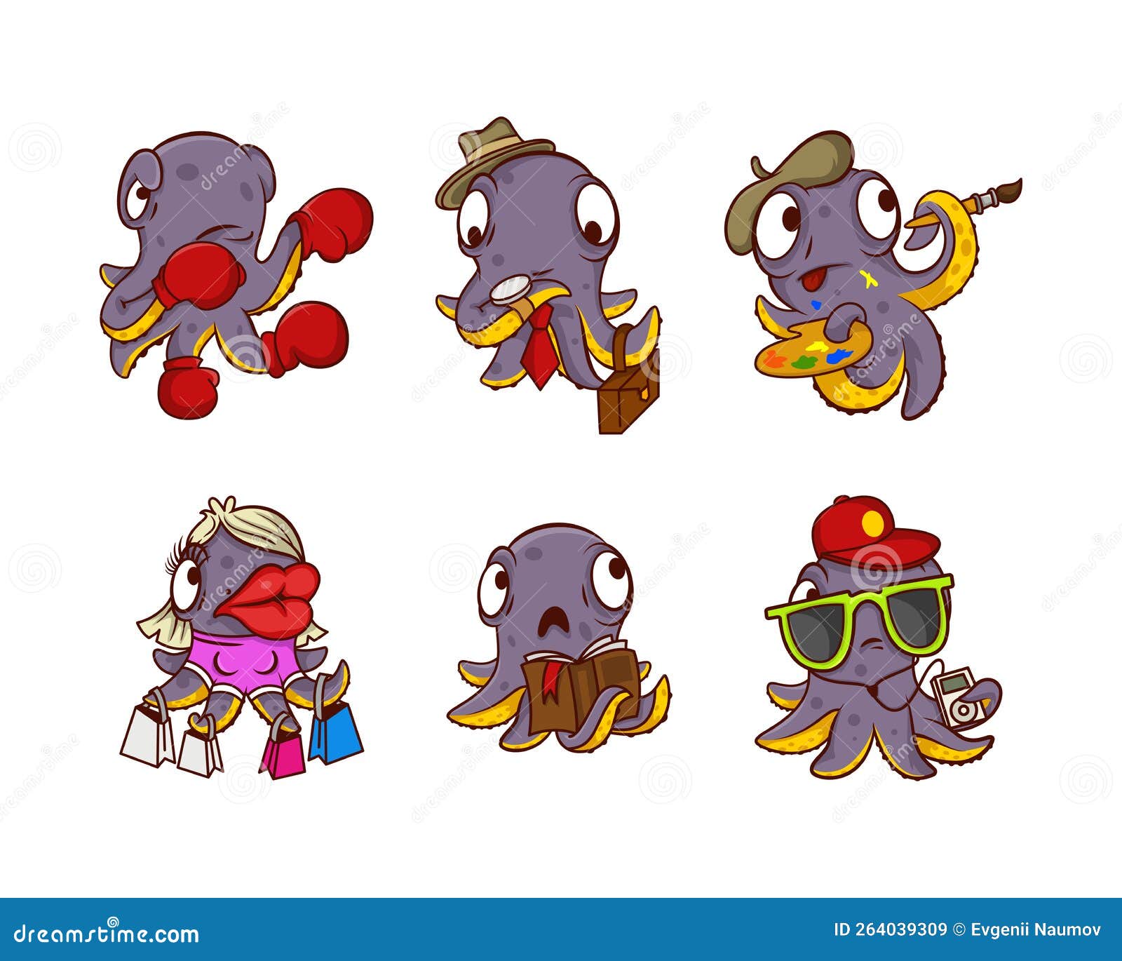 Funny Purple Octopus Character with Tentacles Engaged in Different ...