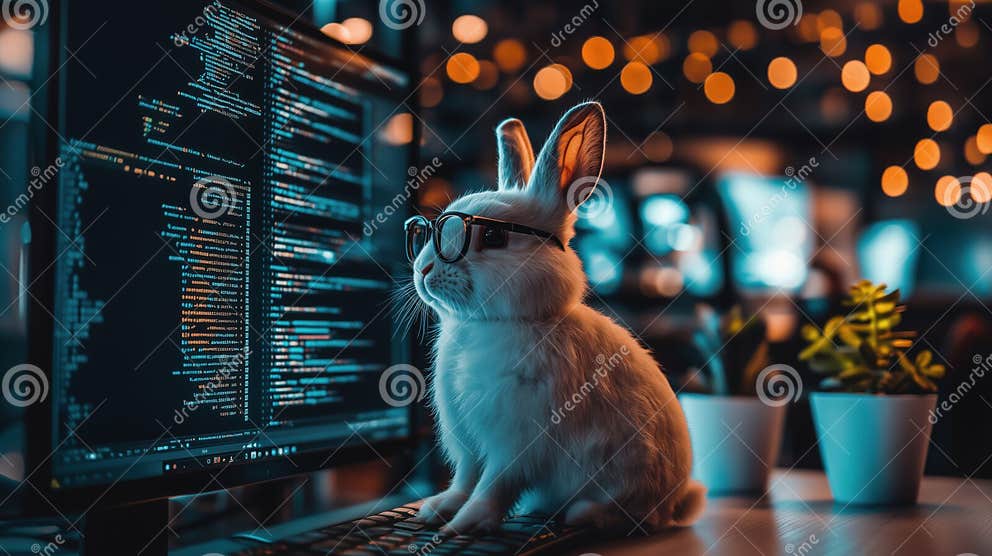 Funny Rabbit Wearing Glasses Coding at Computer in Modern Office Stock ...