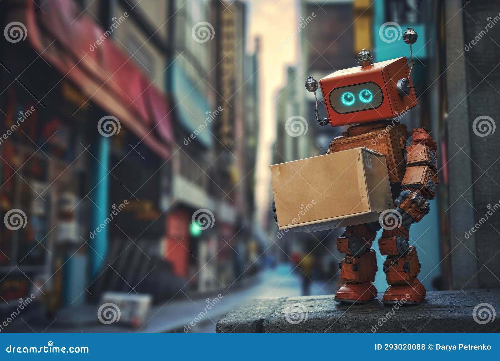 Funny Red Robot with Rectangular Head Holds Cardboard Box in Hands ...