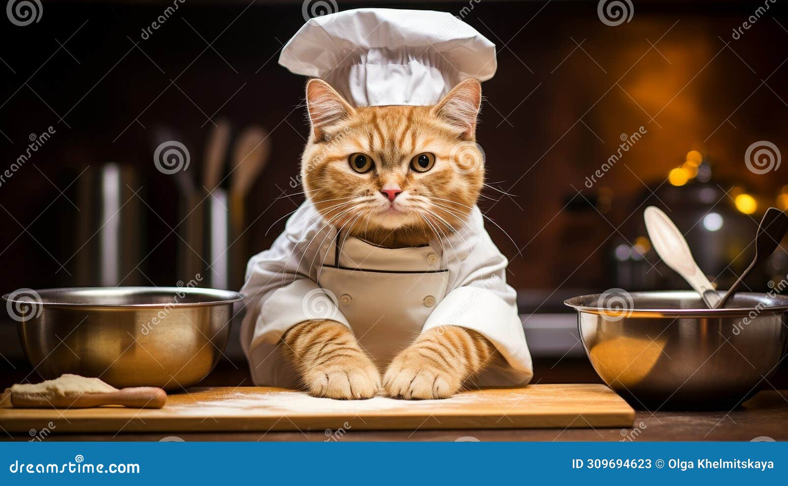 Funny Red Tabby Cat Cooking Pie in Apron - Cute Pet Chef on Kitchen ...