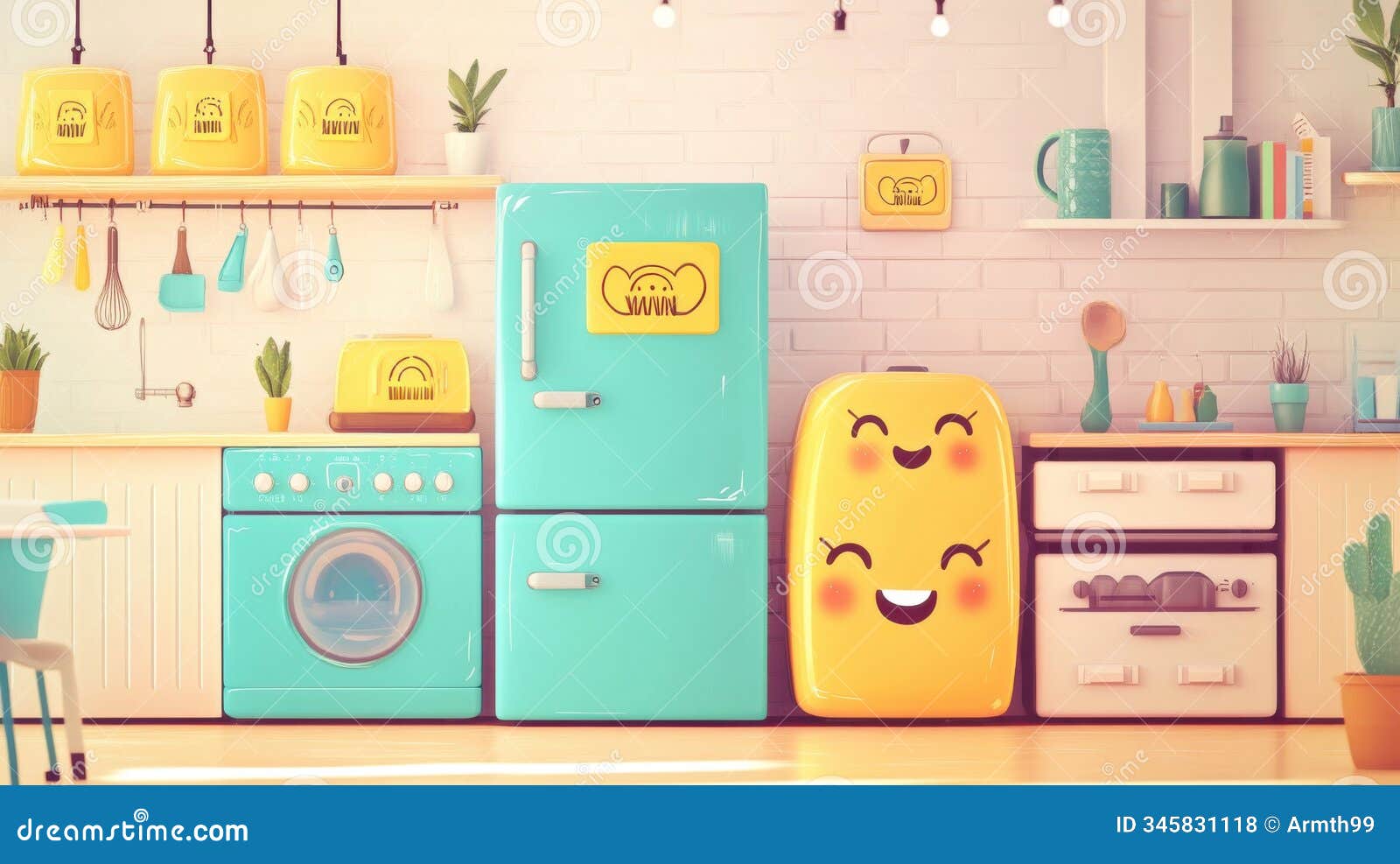 Funny Refrigerator in the Kitchen. 3D Rendering Stock Illustration ...