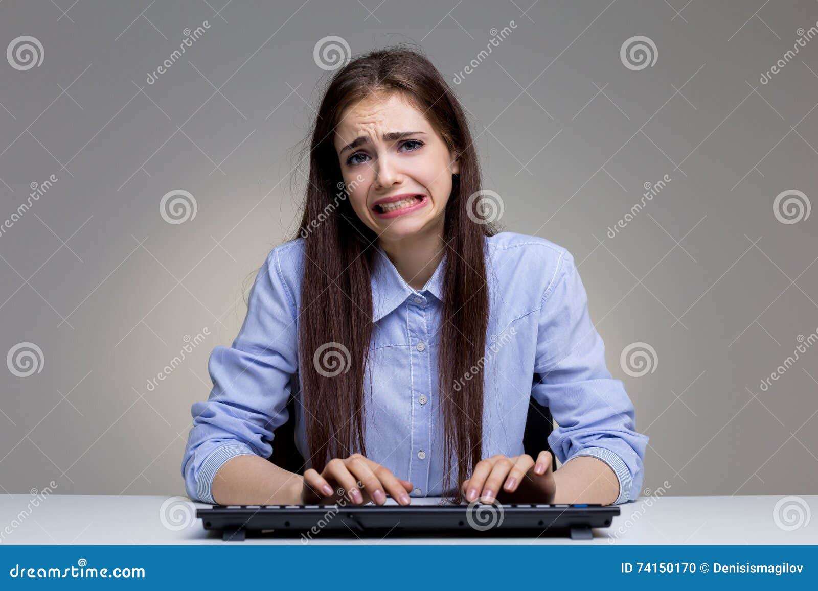 Funny Regretful Woman Using Keyboard Stock Photo - Image of keypad ...