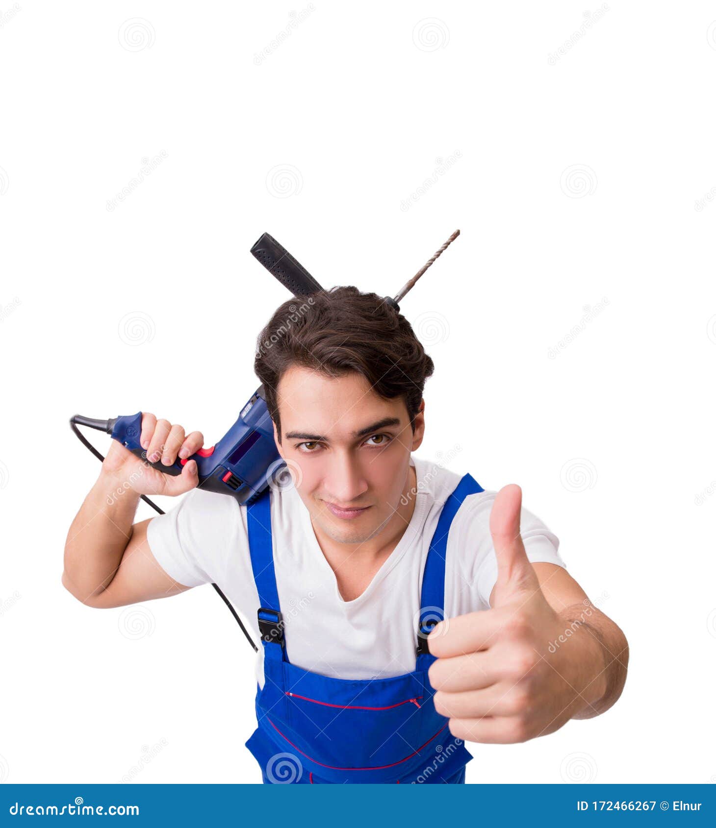 Funny Repairman with Drill Isolated on White Stock Image - Image of ...