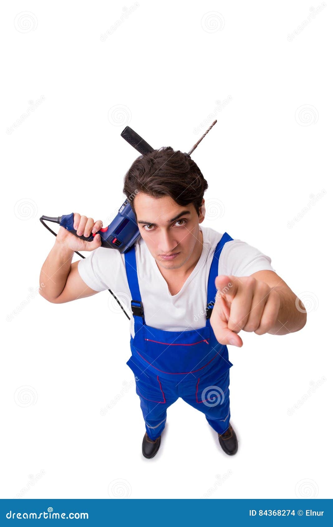 The Funny Repairman with Drill Isolated on White Stock Photo - Image of ...