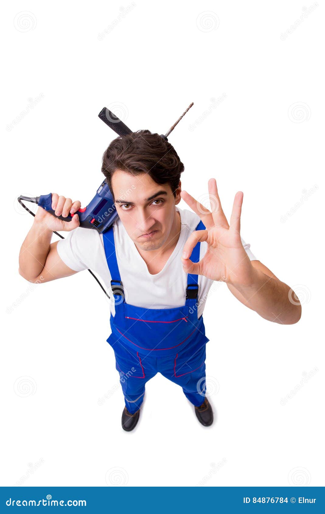 The Funny Repairman with Drill Isolated on White Stock Photo - Image of ...