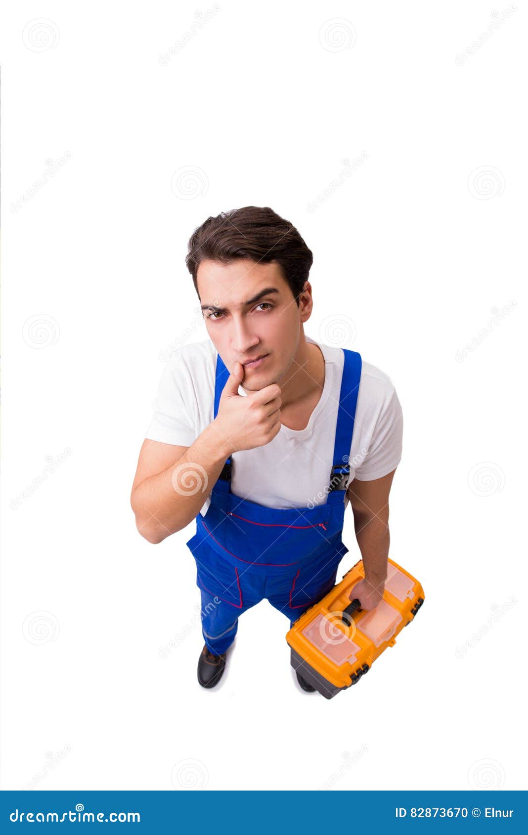 The Funny Repairman with Tools Isolated on White Stock Photo - Image of ...