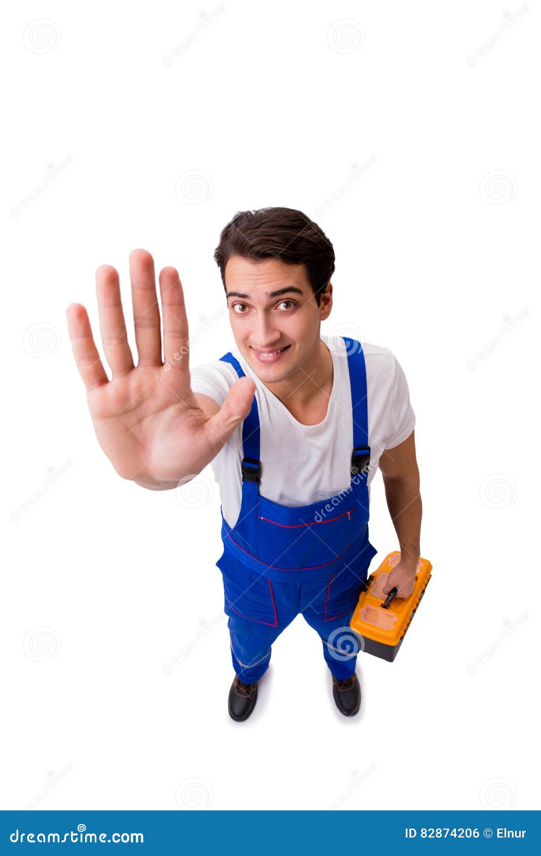 The Funny Repairman with Tools Isolated on White Stock Photo - Image of ...