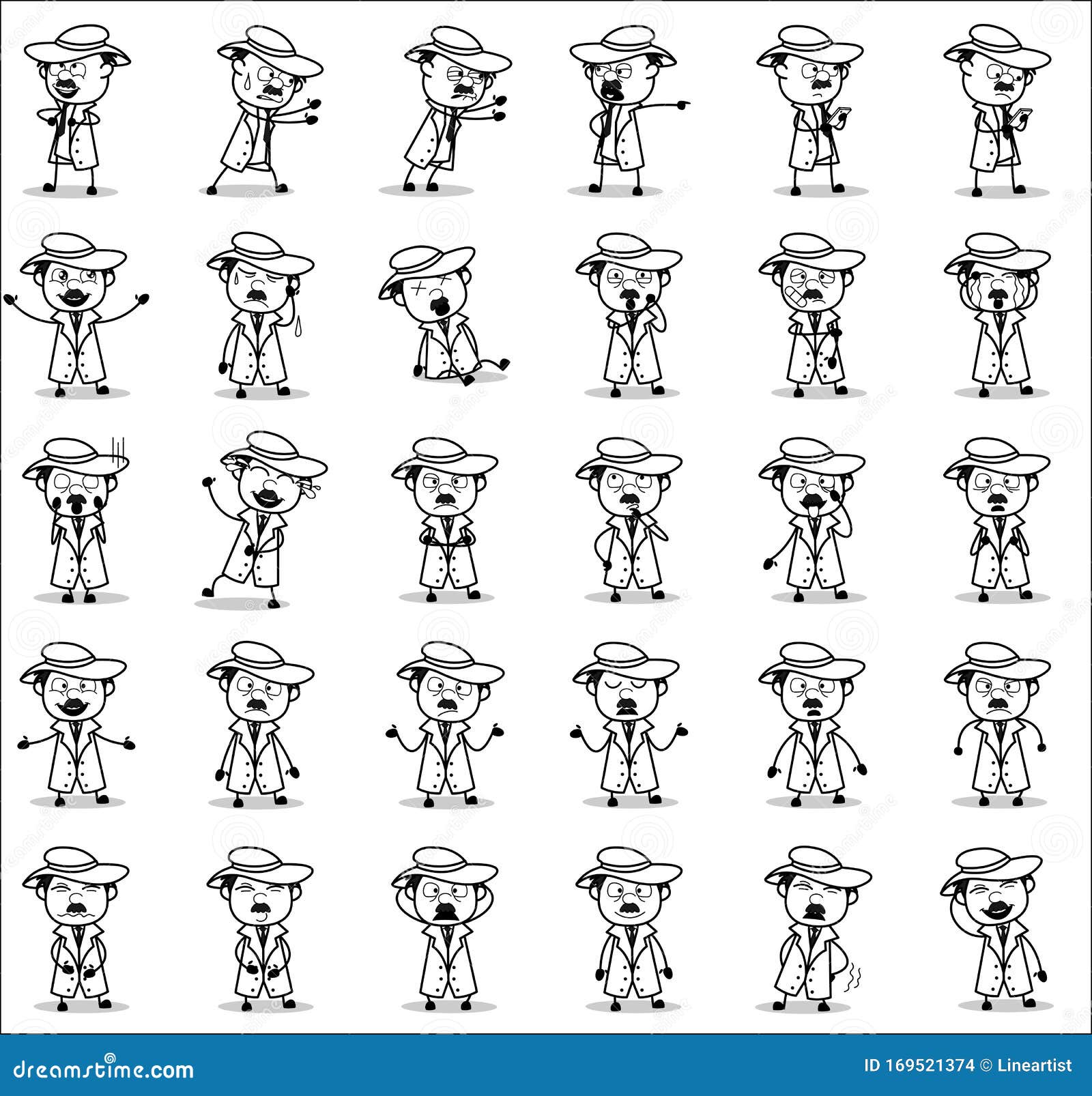 Funny Retro Comic Detective Agent Poses - Set Of Concepts Vector ...