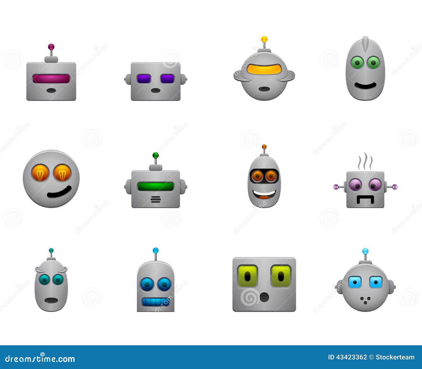 Funny Retro Robots Smilies Set with Colour Faces Stock Illustration ...