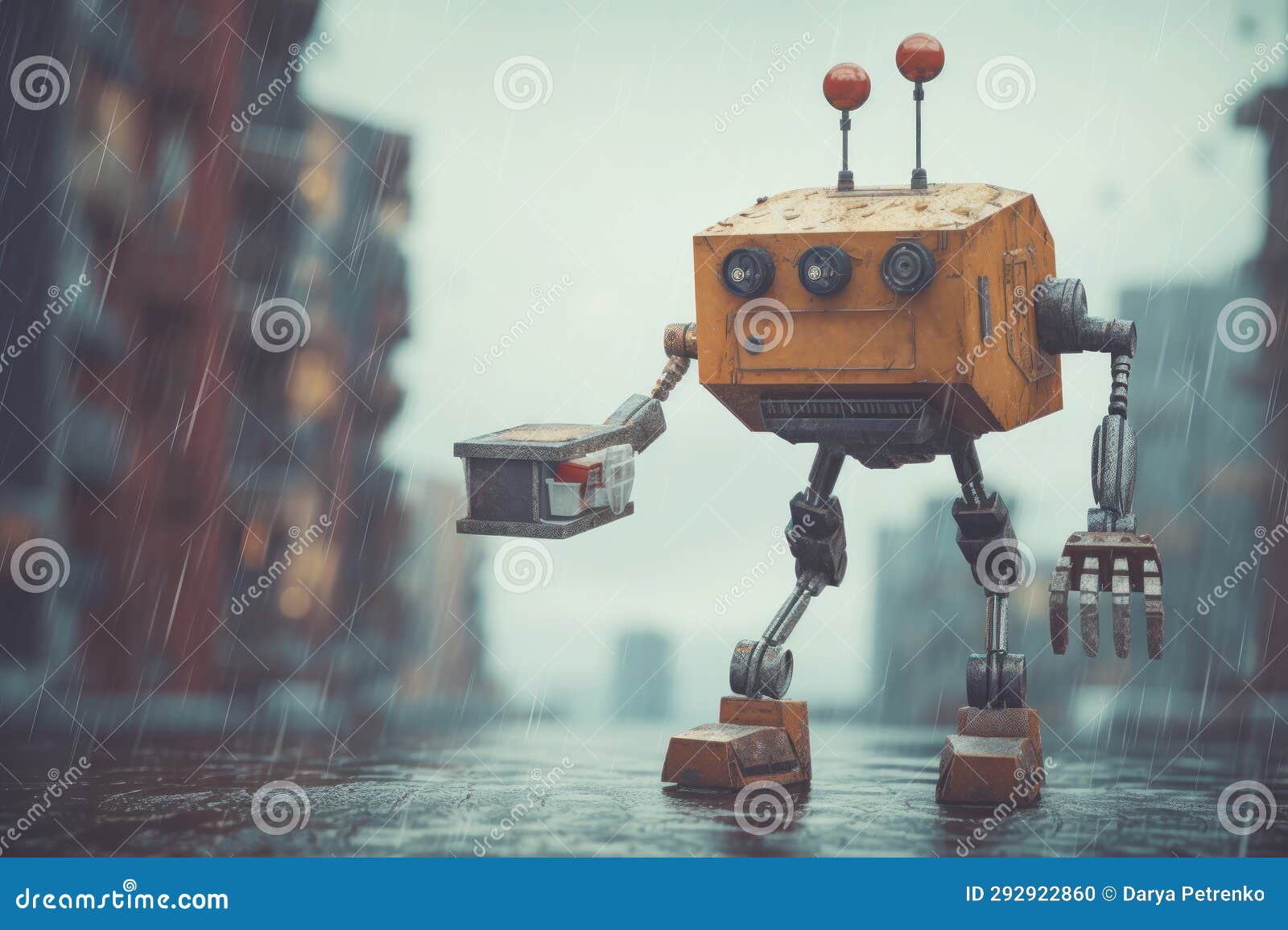 Funny Robot with Rectangular Head Holds Cardboard Box Stock Photo ...