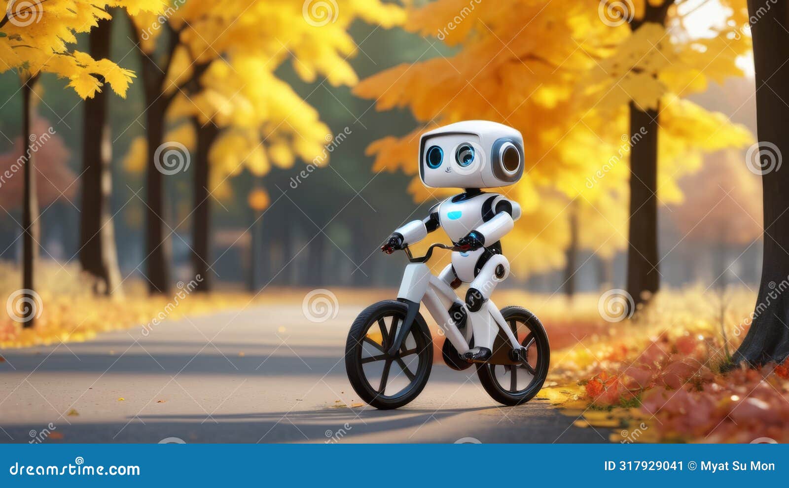 Funny Robot Rides a Bicycle in the Autumn Park Stock Illustration ...