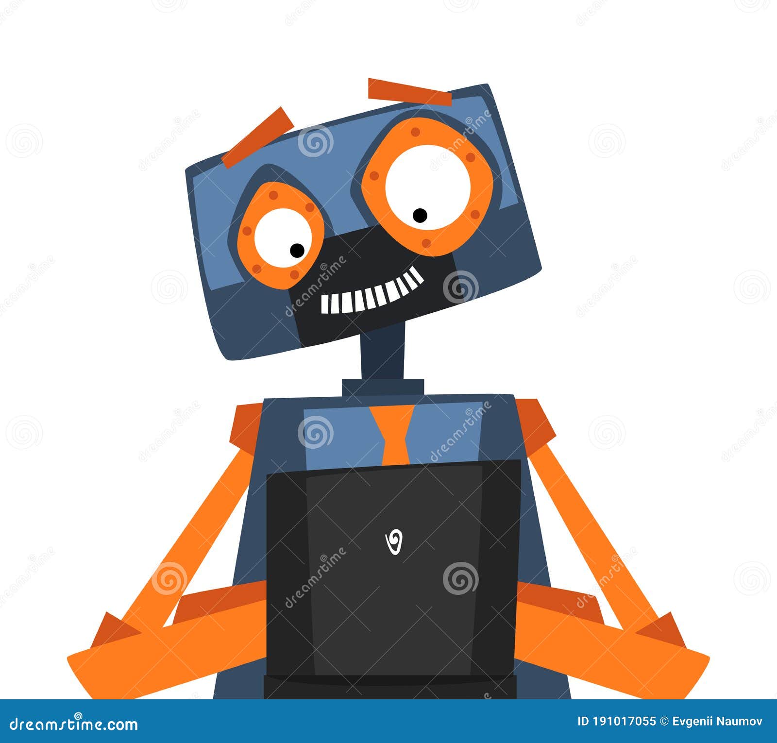 Funny Robot Sitting in Front of Computer, Android Working with Laptop ...