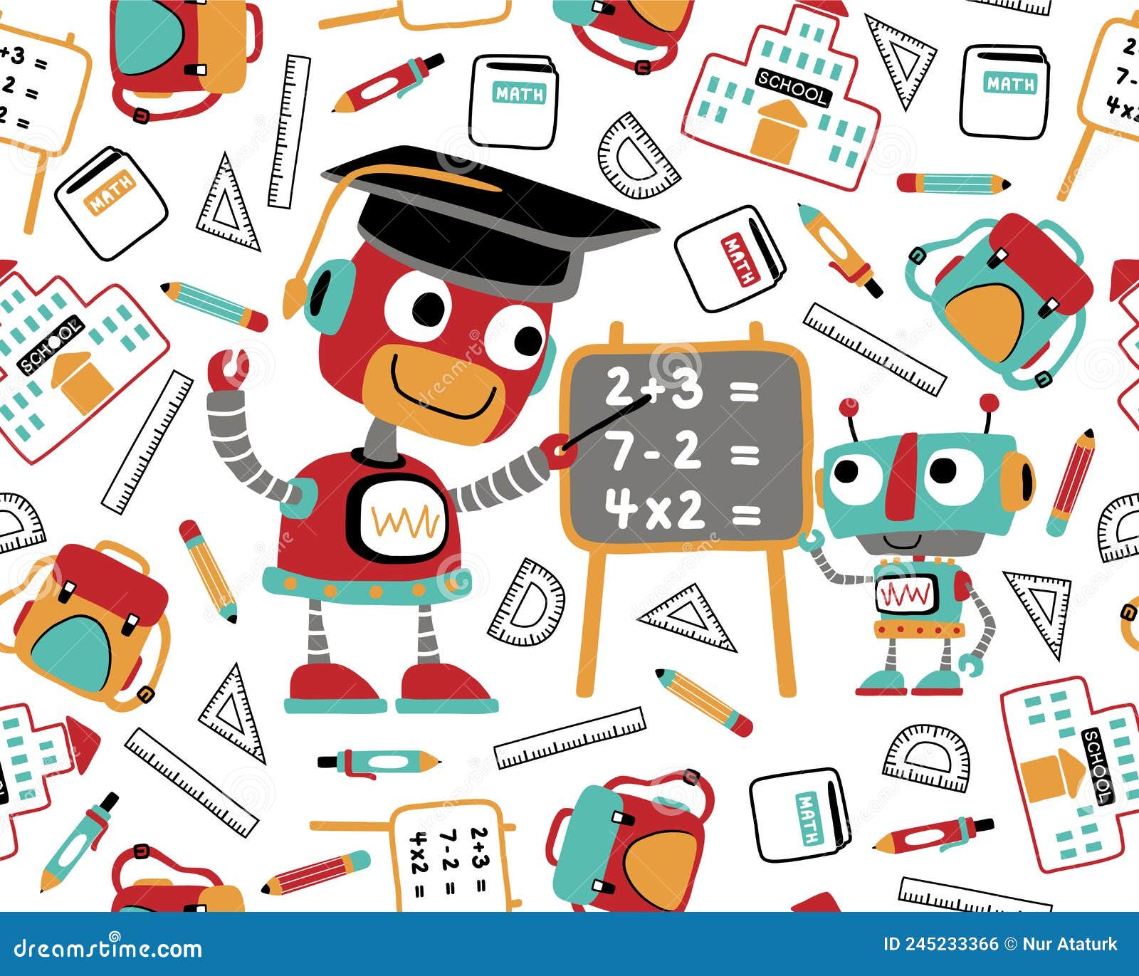 Funny Robots Cartoon Studying Mathematics with School Supplies Stock ...