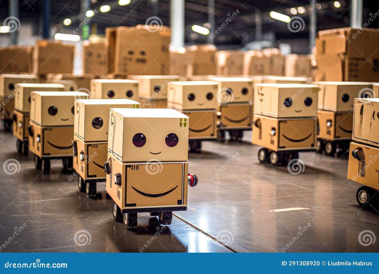 Funny Robots in a Logistics Warehouse Stock Photo - Image of machinery ...