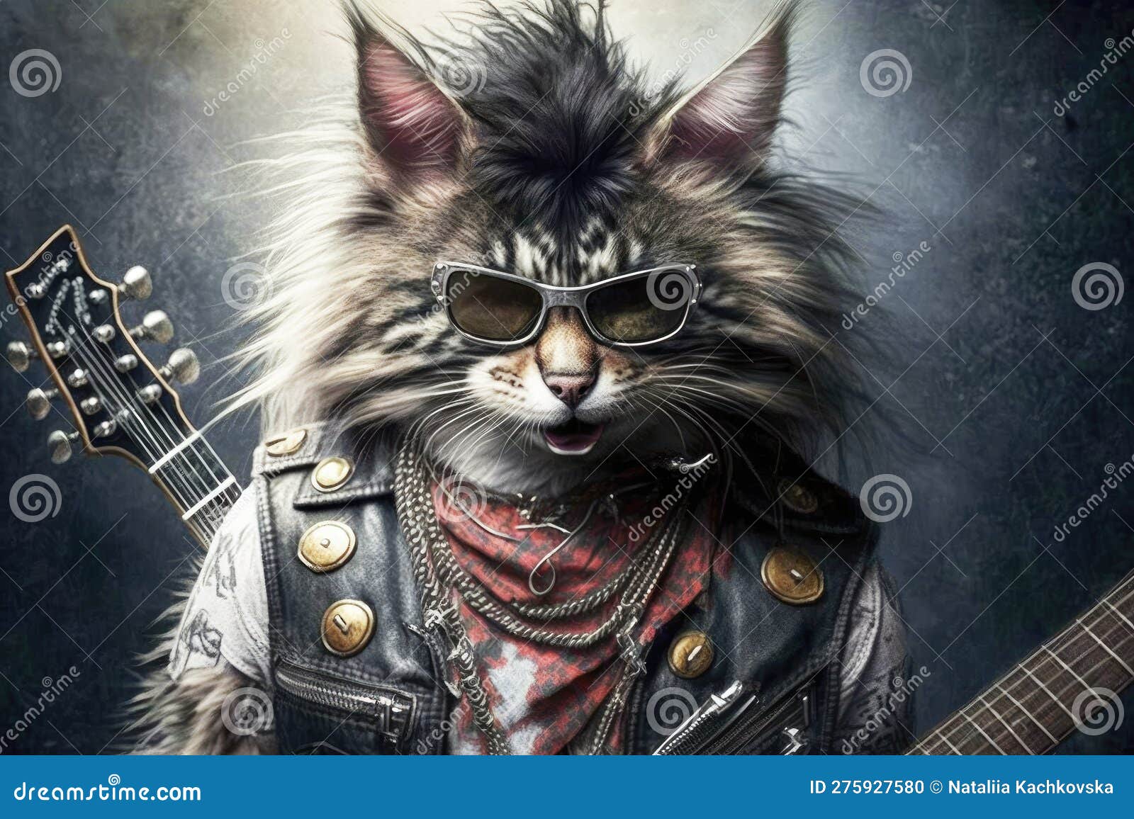 Funny rock cat with guitar stock illustration. Illustration of artist ...