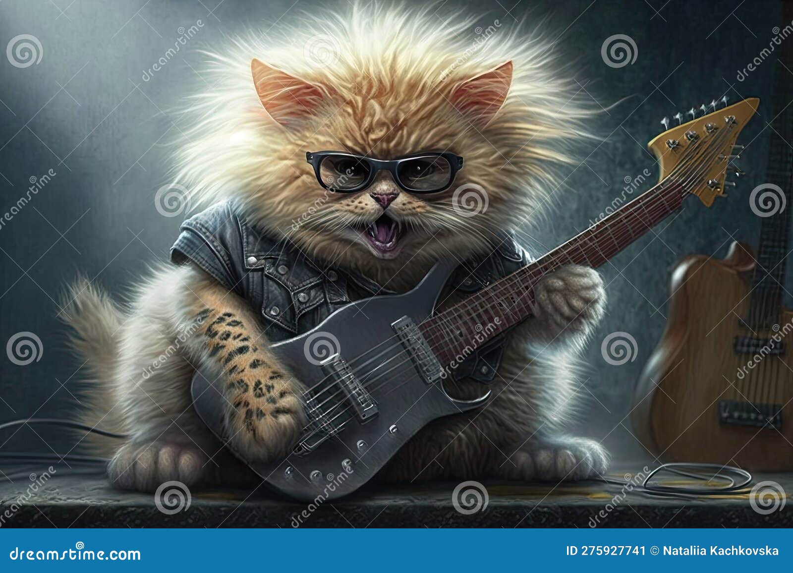 Funny rock cat with guitar stock illustration. Illustration of ...