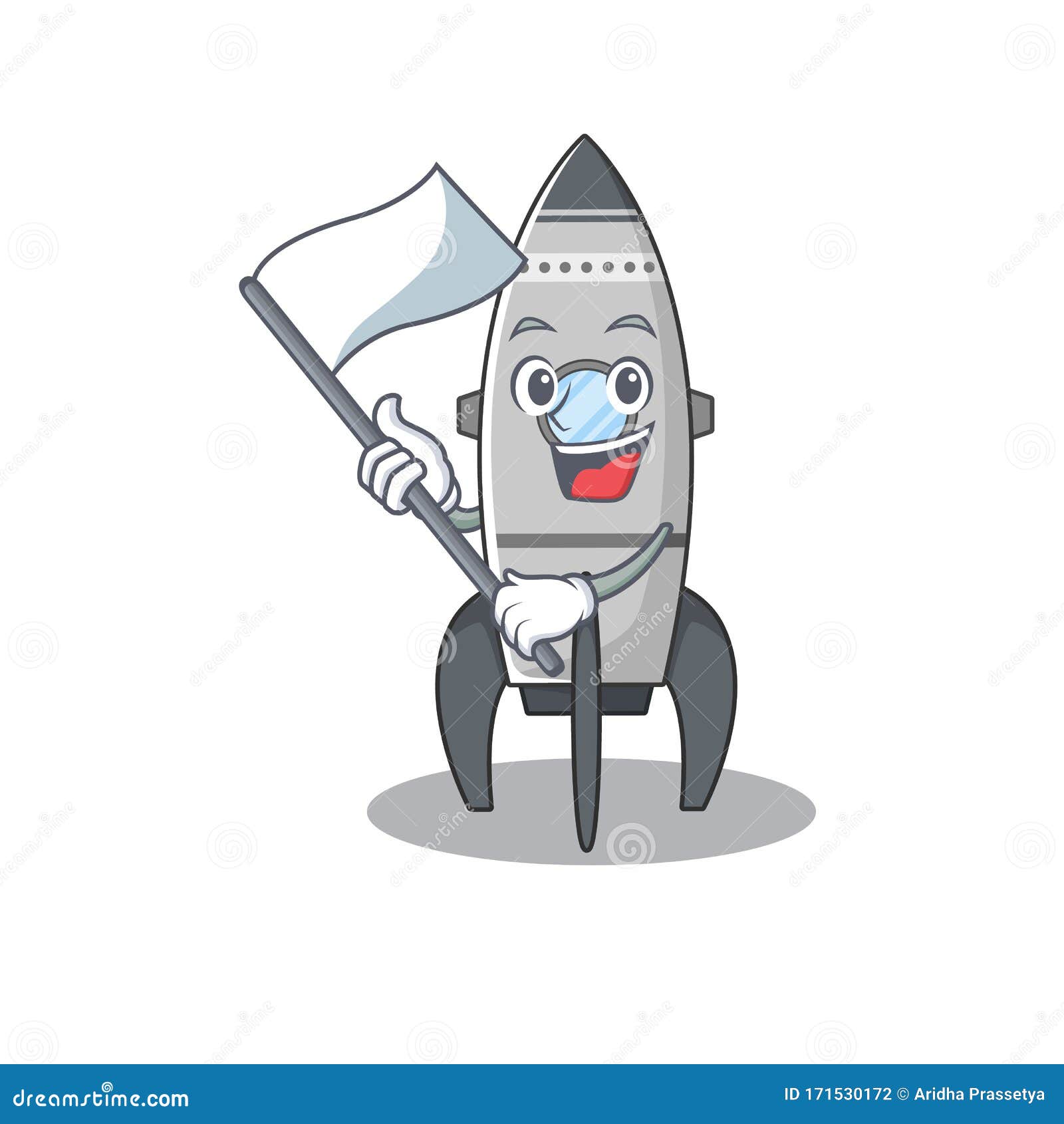 Funny Rocket Cartoon Character Style Holding a Standing Flag Stock ...