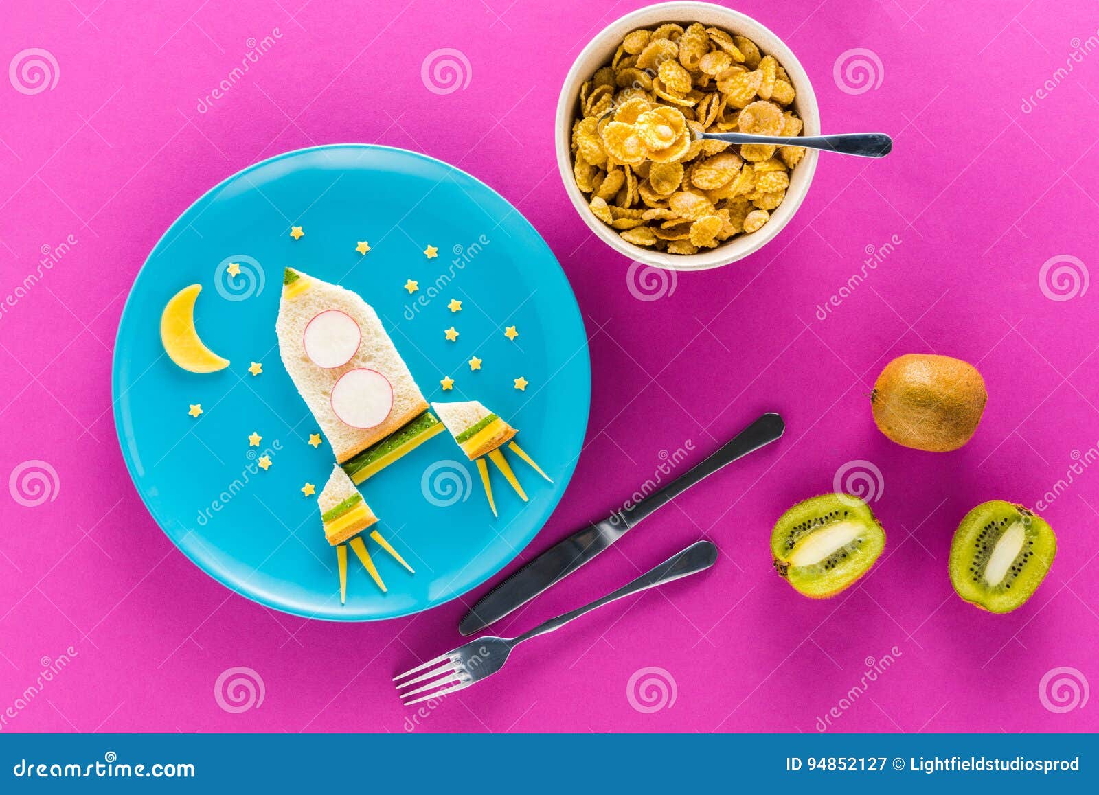 Funny Sandwich in Shape of Rocket and Cereal Flakes with Kiwi for ...