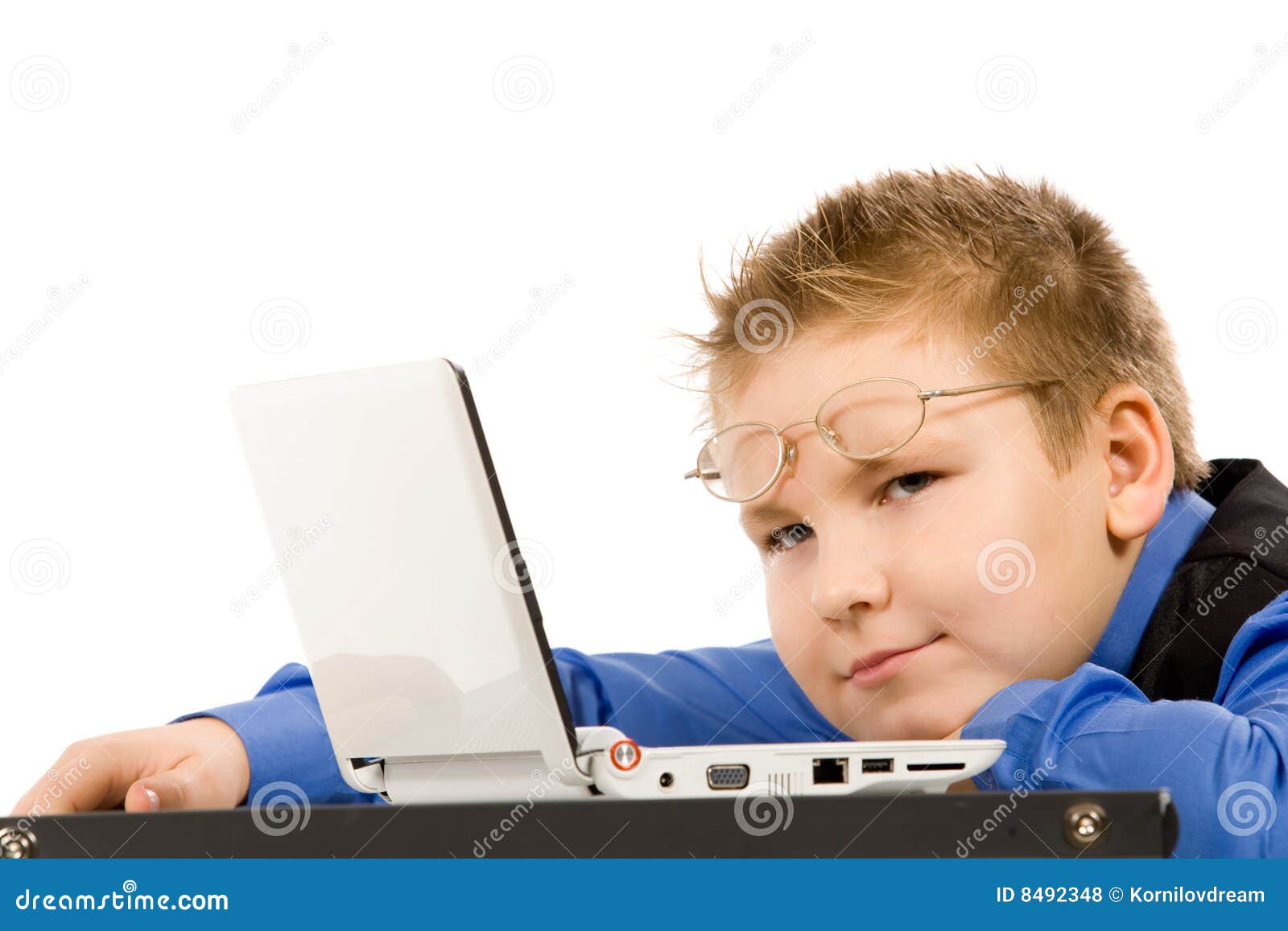 Funny School Boy with Laptop Isolated on White Stock Photo - Image of ...