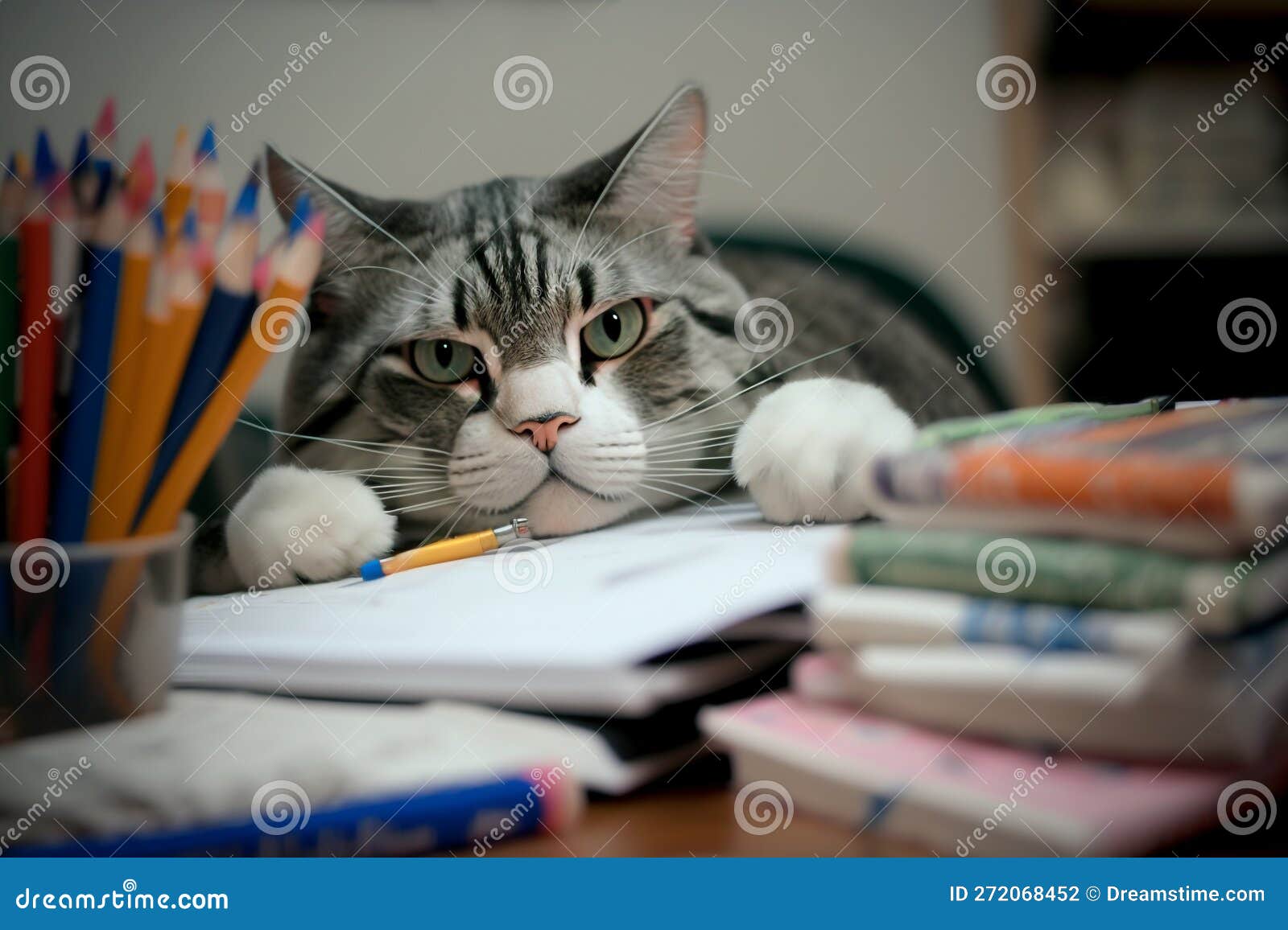 Funny School Cat Doing Homework Generative AI Stock Illustration ...