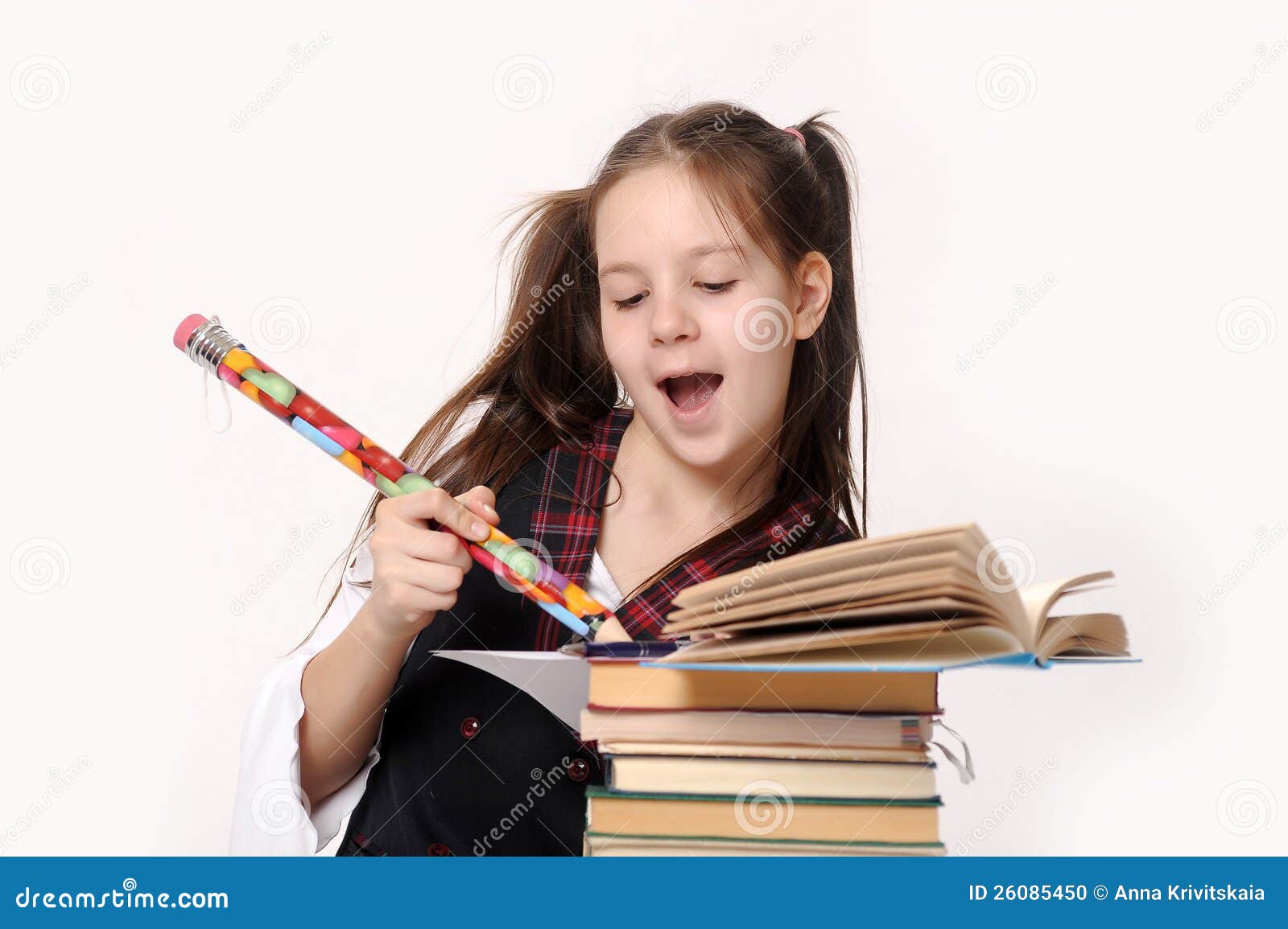 Funny Schoolgirl Writes Something Stock Photo - Image of brush ...