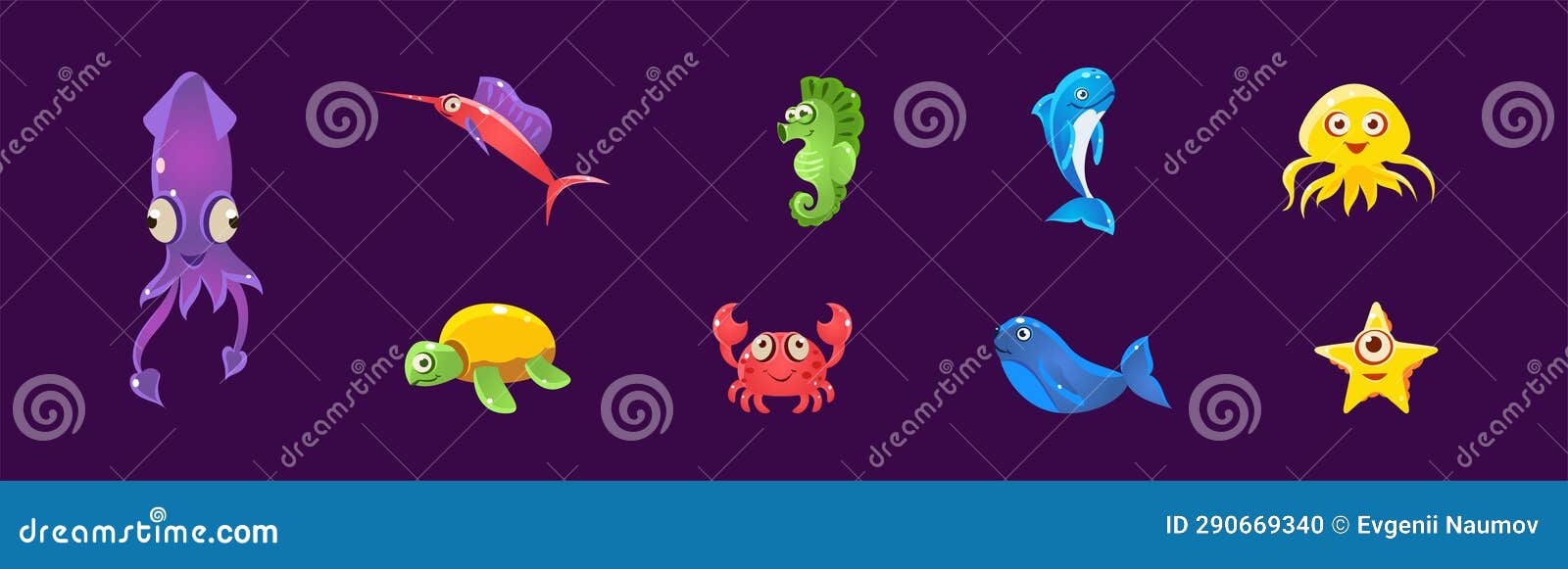 Funny Sea Animals And Underwater Creature Vector Set Stock Photo ...