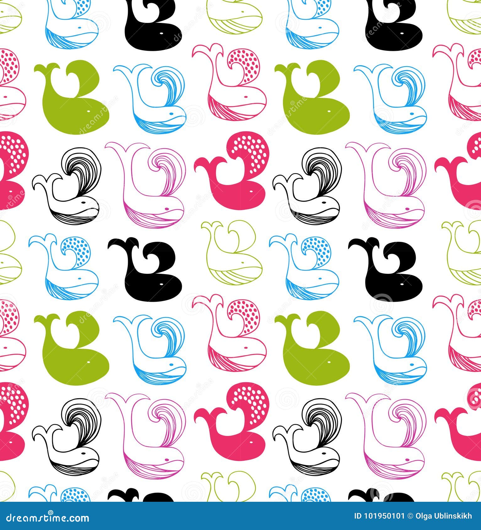 Funny Seamless Pattern with Colorful Whales Silhouettes. Decorative ...
