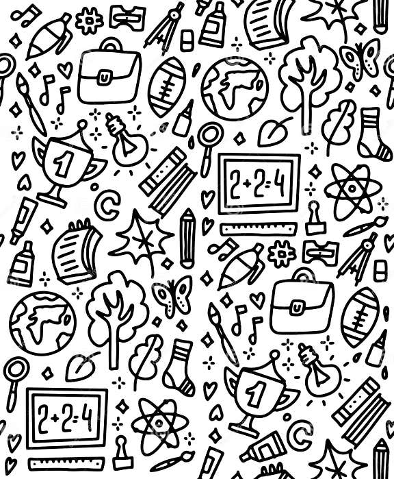 Funny Seamless Pattern with School Supplies and Creative Elements. Back ...