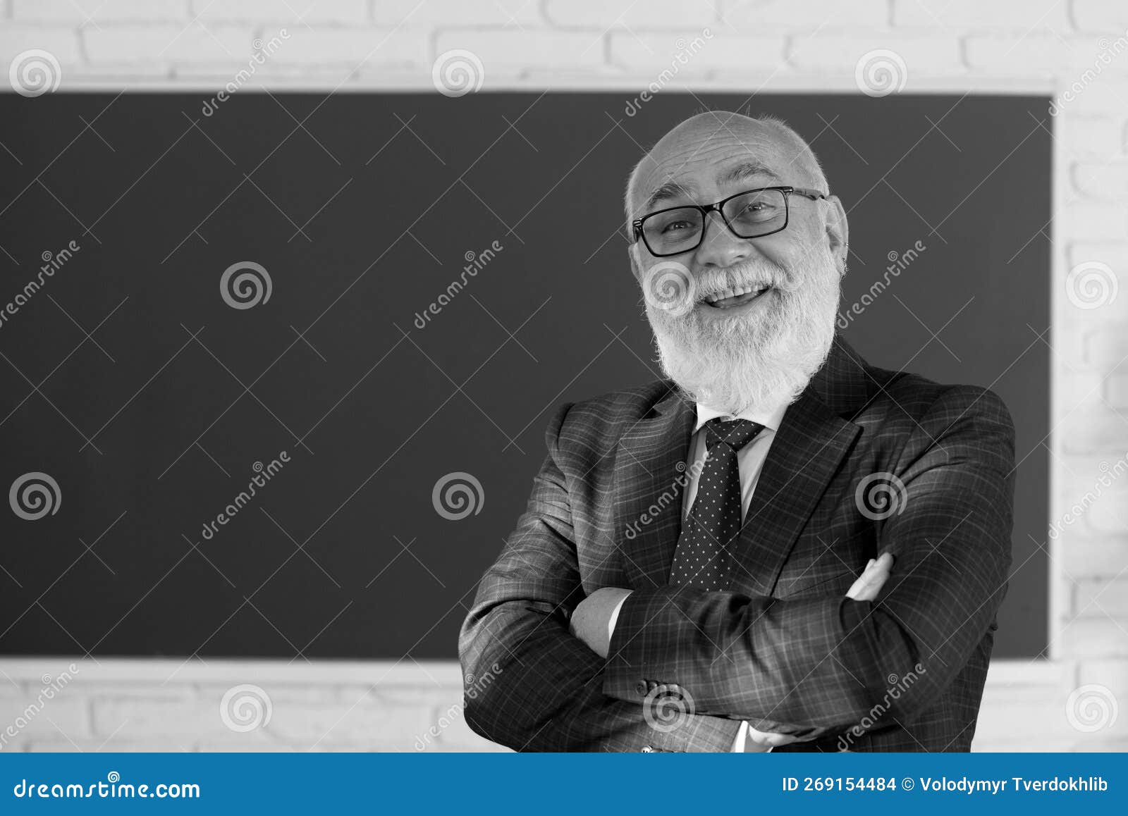 Funny Senior Professor Portrait Of Happy Senior Teacher With Arms