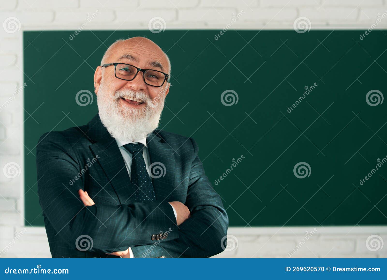 Funny Senior Professor Portrait Of Happy Senior Teacher With Arms