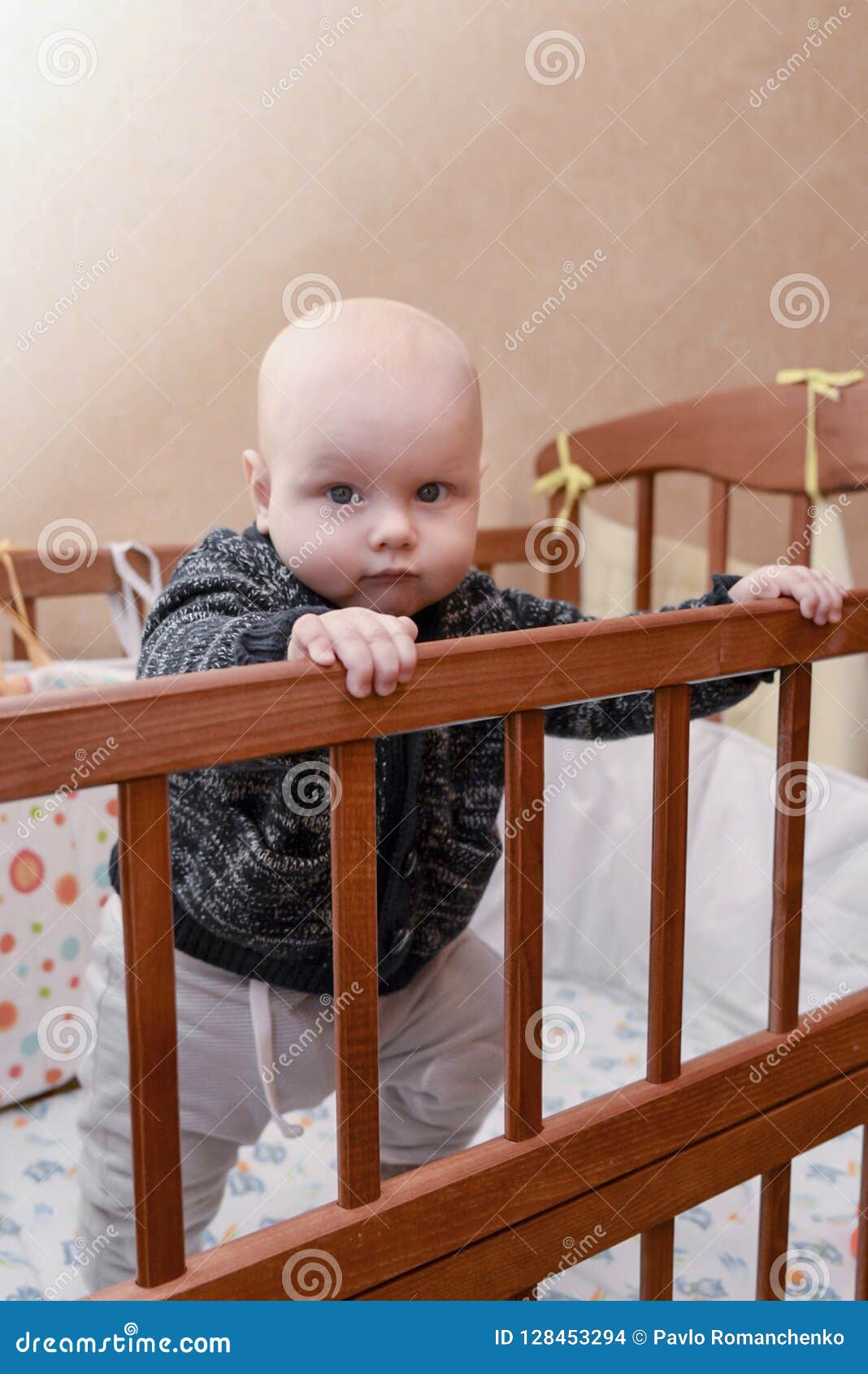Funny Baby Boy Standing in a Crib Stock Photo - Image of childhood ...