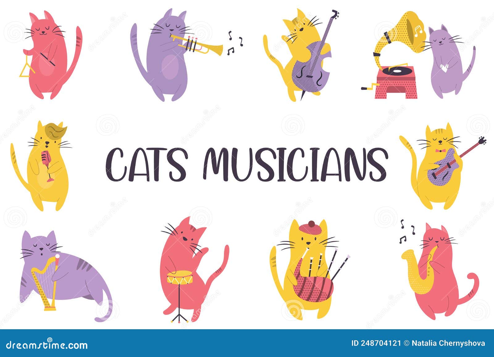 Funny Set with Adorable Cats and Musical Instruments Stock Vector ...