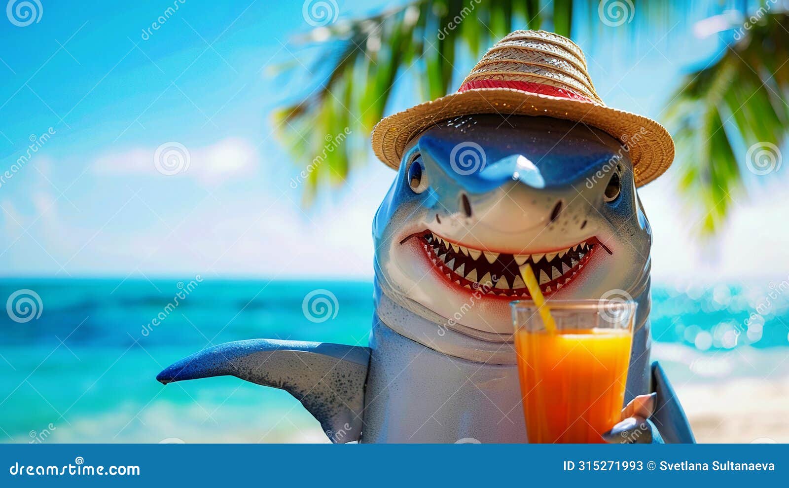 Funny Shark in a Straw Hat on the Beach Under Palm Trees Stock ...