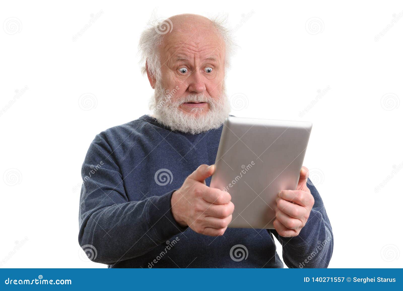 Funny Shocked Old Man Using Tablet Computer Isolated On White Stock